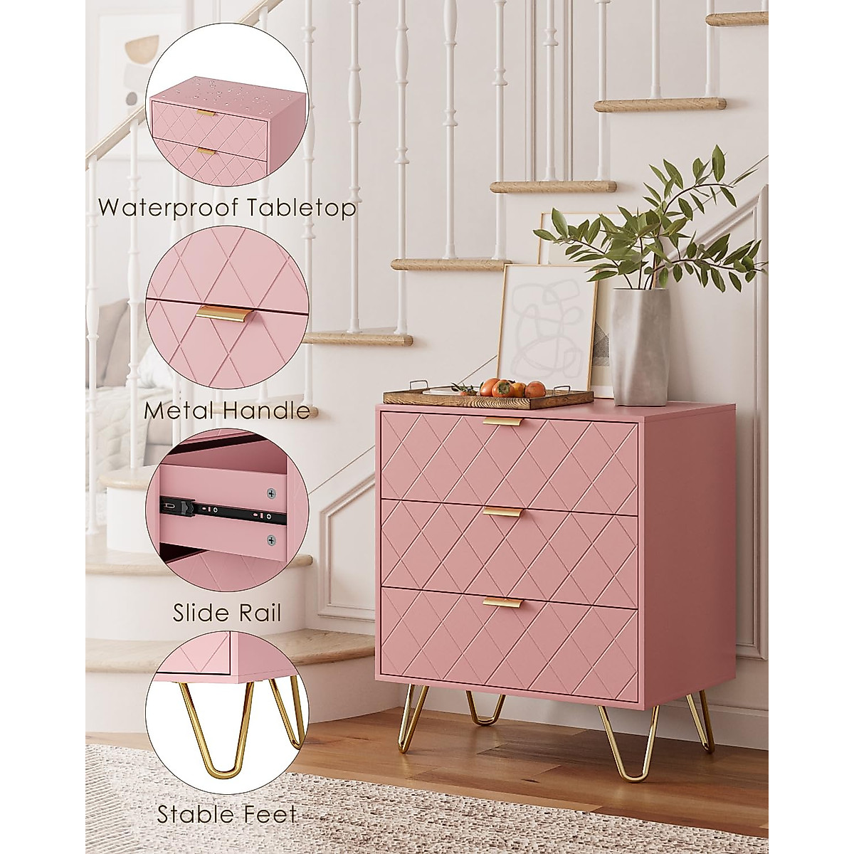 Aobafuir 3 Drawer Dresser for Bedroom, Modern Closet Dressers Chest of Drawers, Storage Dresser Chest Cabinet Organizer Unit, Small Fluted Dresser for Bedroom (Pink Diamond)