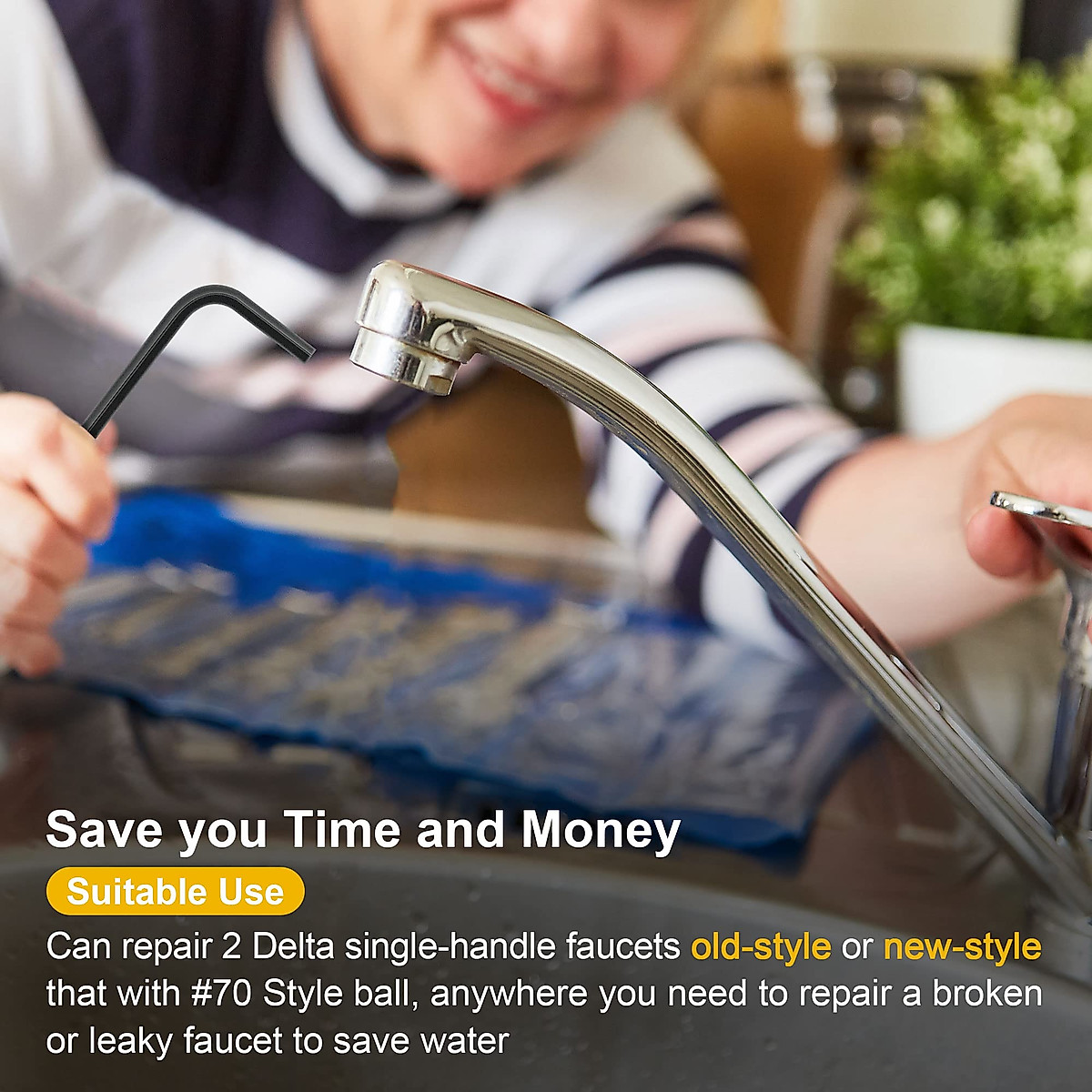 Enhon Kitchen Faucet Cartridge Repair Kit, Compatible with Delta/peerless Faucet 86970 Single Handle #70 Ball Valves and Lever Handles, Fix Dripping Faucets, Stainless Steel (2 Packs)