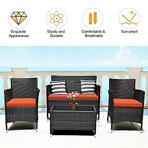Tangkula 4-PCS Patio Rattan Conversation Set, Outdoor Wicker Furniture Set with Tempered Glass Coffee Table &Thick Cushion, Rattan Chair Wicker Set for Garden, Lawn, Poolside and Backyard (1, Orange)