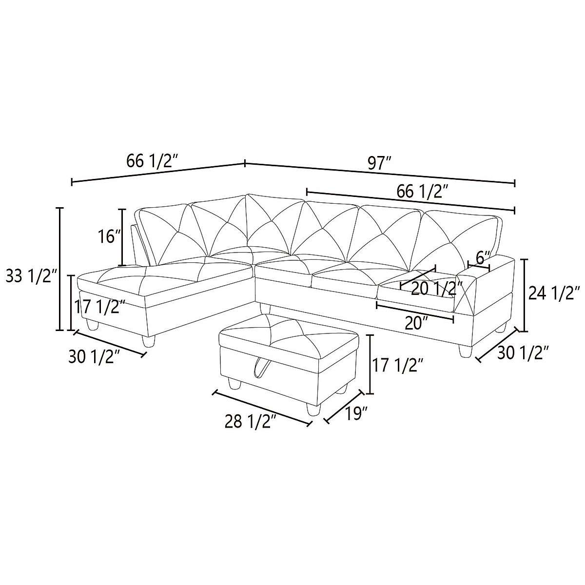 LOPOO 3-Piece L-Shaped Sectional Couches Lounge & Storage, 97'' Modular Living Room Home Office, 3pcs 97'' Sofa+66.5'' Chaise+28.5'' Ottoman(Left), Espresso Flannel
