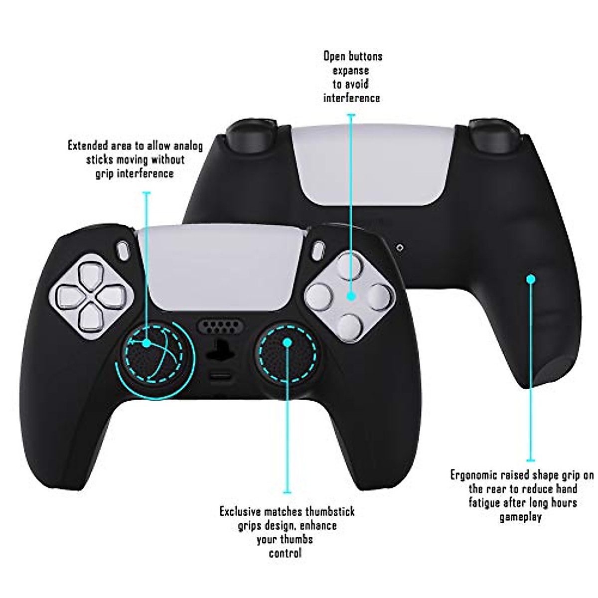 PlayVital Black Pure Series Anti-Slip Silicone Cover Skin for ps5 Controller, Soft Rubber Case for ps5 Wireless Controller with Black Thumb Grip Caps
