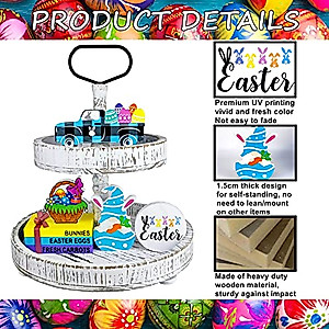 Easter Tiered Tray Decor Set: 7 Pieces Thick Wooden Stand Sign for Tabletop Spring Decorations, Farmhouse Rustic Mini Ornaments for Home Kitchen Table Top Housewarming [Tray Not Included]