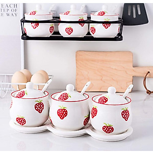 Mathew Hand-painted Strawberry Ceramic Seasoning Jar Condiment Pot Sugar Bowl with Lid and Spoon