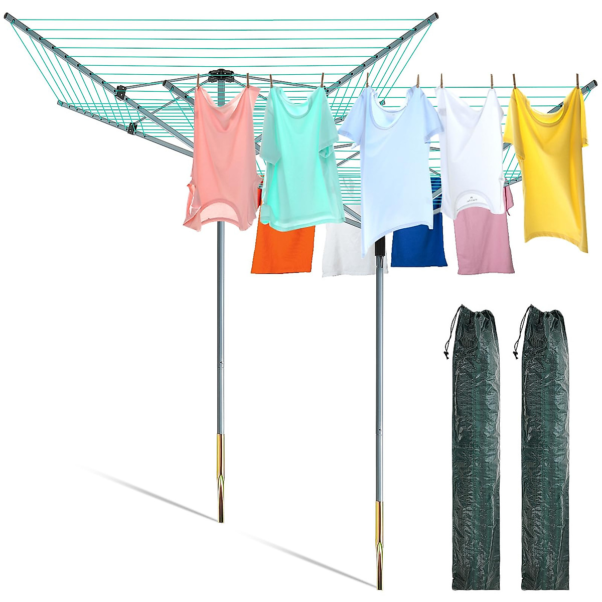 Mifoci 2 Set 4 Arm Outdoor Clothesline Collapsible Rotary Umbrella Clothesline Adjustable Clothes Drying Rack Folding Umbrella Clothes Dryer with Ground Spike Cover for Laundry 164.04 ft Drying Space