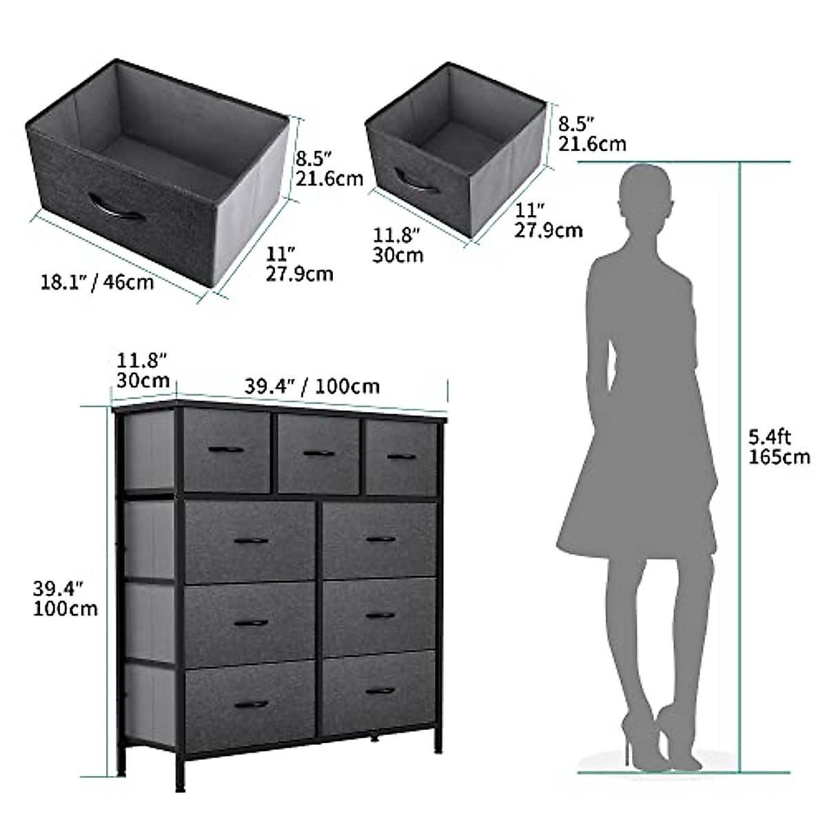 YITAHOME Dresser for Bedroom with 9 Drawers - Fabric Storage Tower, Tall Chest Organizer Unit for Living Room, Nursery, Entryway, Closets with Sturdy Steel Frame, Wooden Top, Black Grey