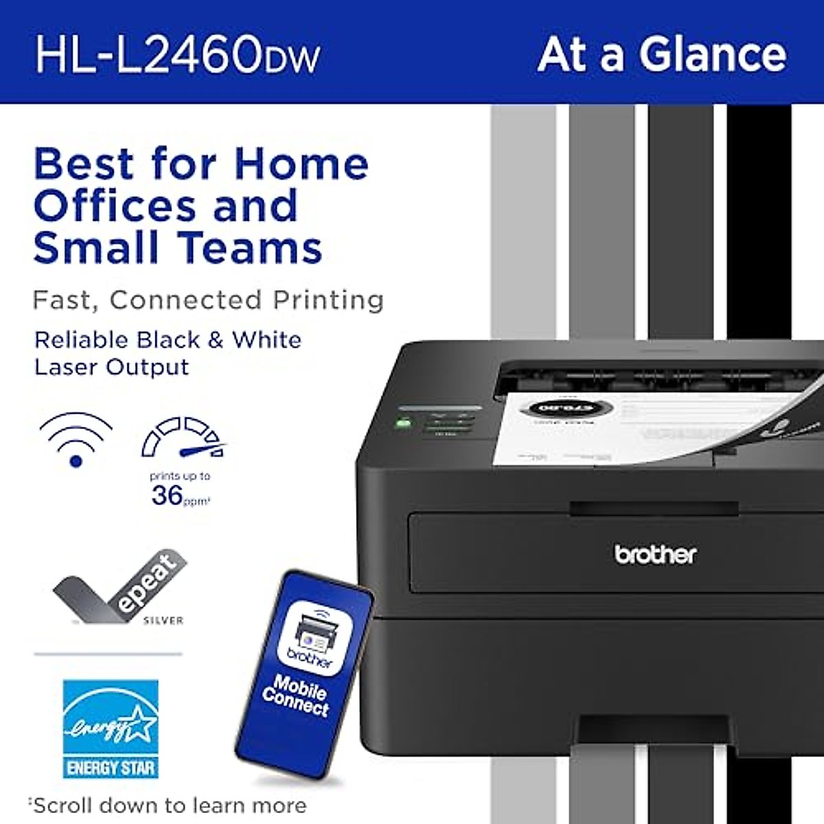 Brother HL-L2460DW Wireless Compact Monochrome Laser Printer with Duplex, Mobile Printing, Black & White Output | Includes Refresh Subscription Trial(1), Works with Alexa