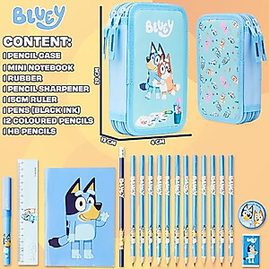 Bluey Filled Pencil Case for Kids with 2 Compartments, Stationery Included - Primary School Supplies