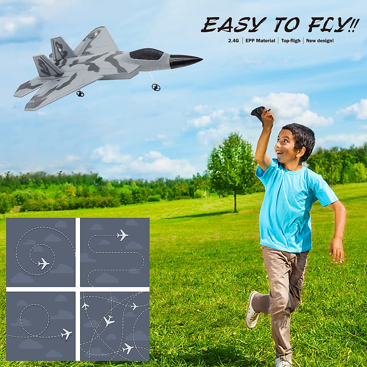 fisca RC Plane Remote Control F-22 Fighter Raptor Airplane with Lights, 2.4Ghz 2CH Foam Drone Ready to Fly Aircraft Toy for Kids and Adults