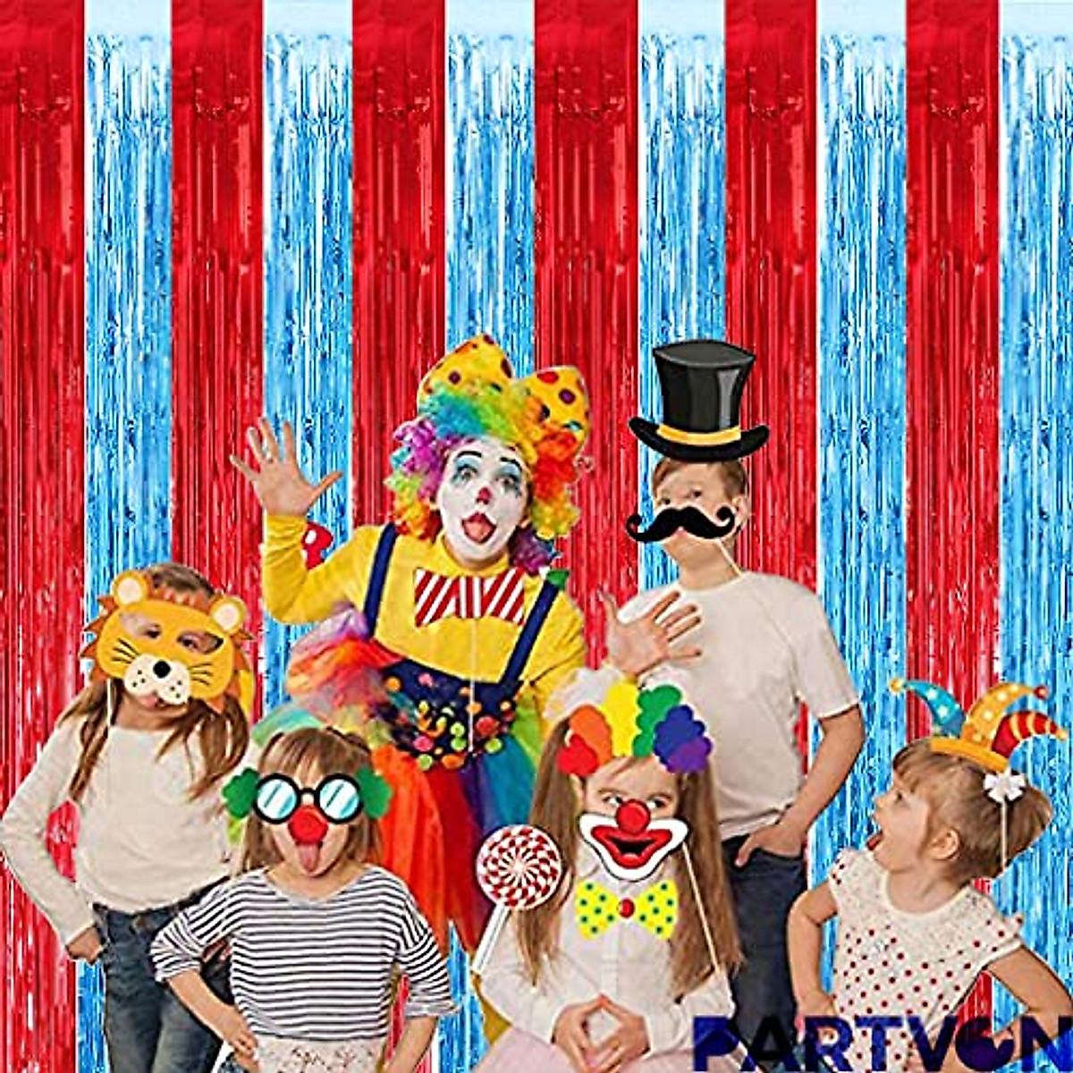 Circus Carnival Red Blue Tinsel Foil Fringe Curtains - Dr Seuss Birthday Dr. Suess Cat in The Hat Theme Party Indoor Outdoor Decoration Photo Props Backdrops Nurse Graduation Party Supplies