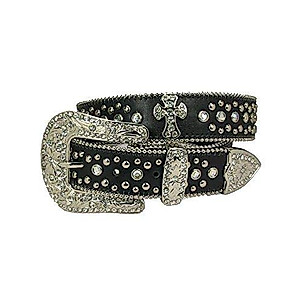 NYFASHION101 Cross Charm Rhinestone Stud Genuine Leather Belt (Small/Medium, Black)
