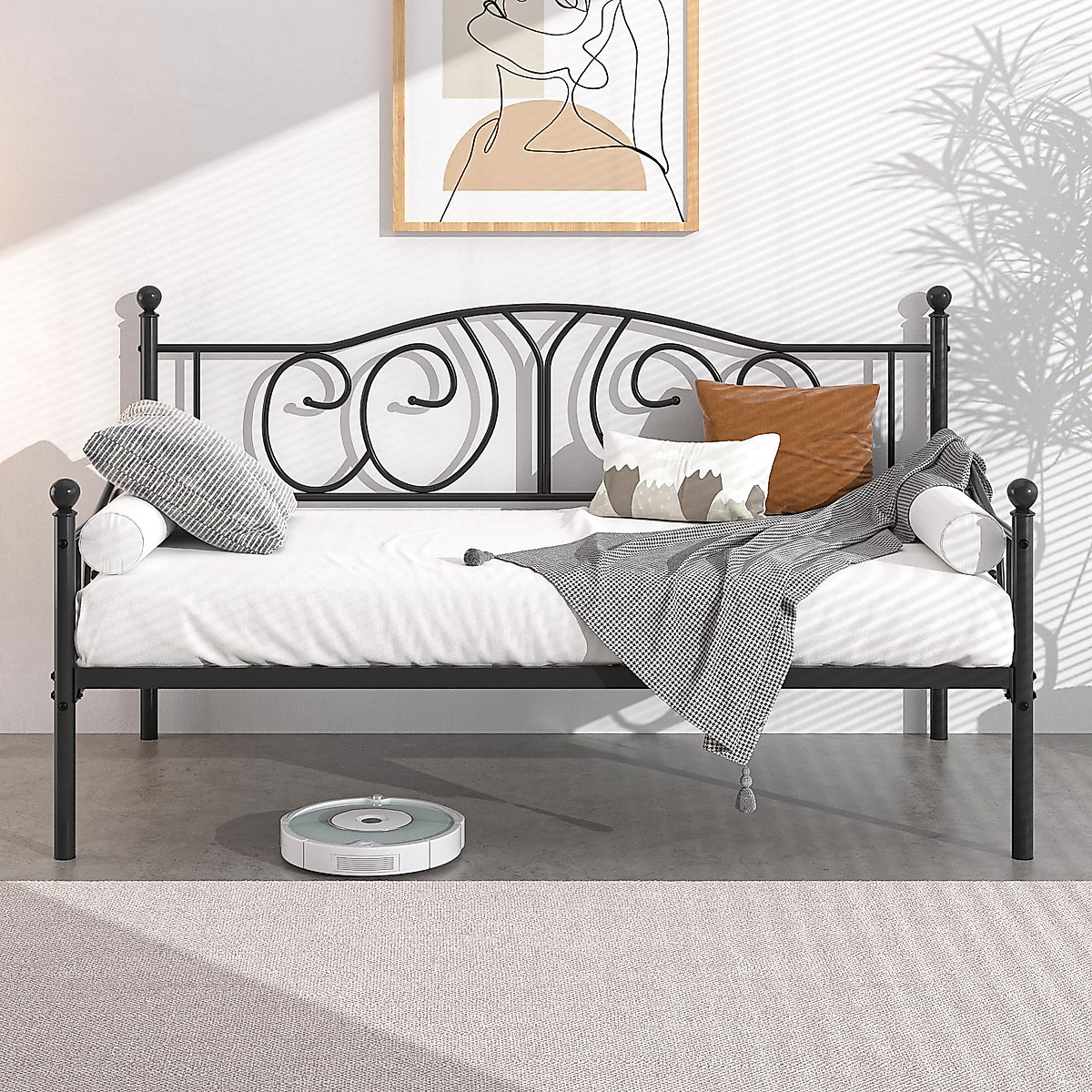 VECELO Metal Daybed Frame Multifunctional Platform Bed Sofa Mattress Foundation with Classic Headboard, Twin, Black