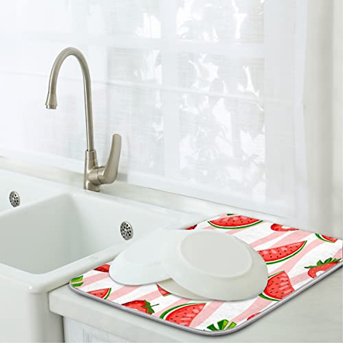 Watermelon Pink Stripes Kitchen Drying Mat 18 x 24 Inch - Reversible Super Absorbent Fiber Dish Drying Pad with Non-Slip Backing for Countertop Tea Coffee Bar Accessories