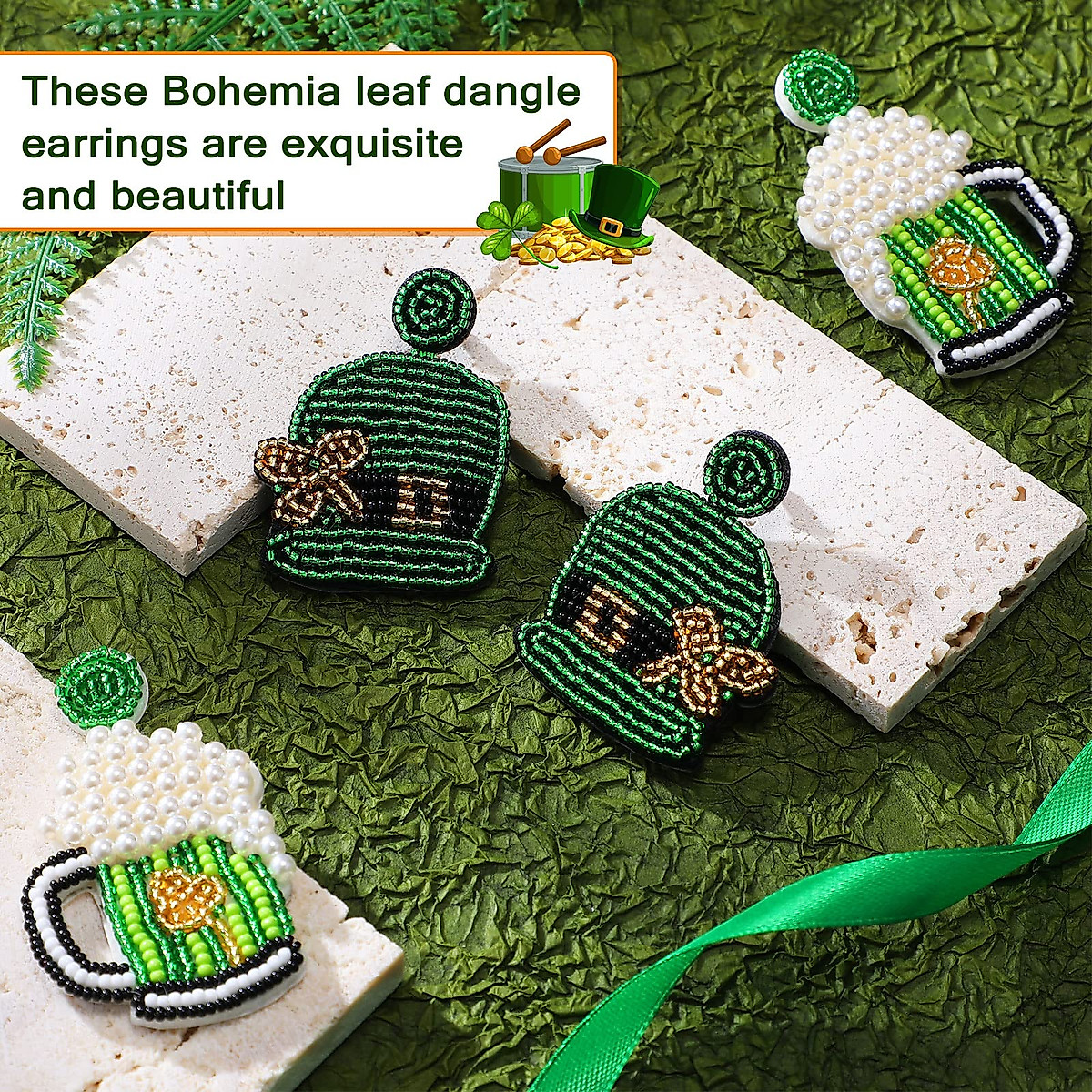2 Pairs St. Patrick's Day Earrings Beaded Shamrock Hat and Beer Cup Drop Dangle St. Patrick's Day Clover Green Leaf Earring Irish Jewelry Gift for Girl Women Lucky Holiday Party Favors Accessories