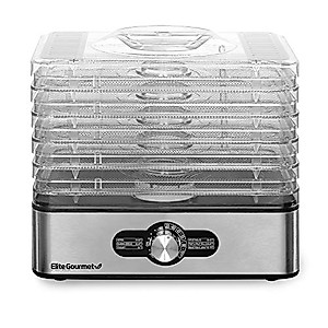 Elite Gourmet EFD3321 Food Dehydrator, Stainless Steel Trays Adjustable Temperature Controls, Jerky, Herbs, Fruit, Veggies, Dried Snacks, Stainless Steel