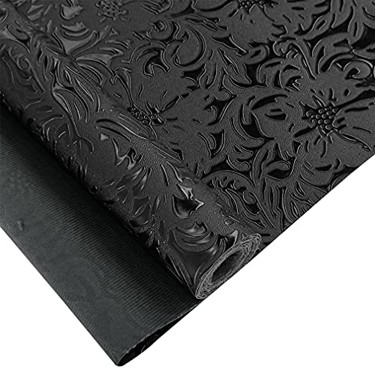 12 x 53 Inch Embossed Faux Leather Roll Vintage Flower Textured Synthetic Leather Fabric for DIY Sewing Crafts Wallets Jewlery Making (Black)