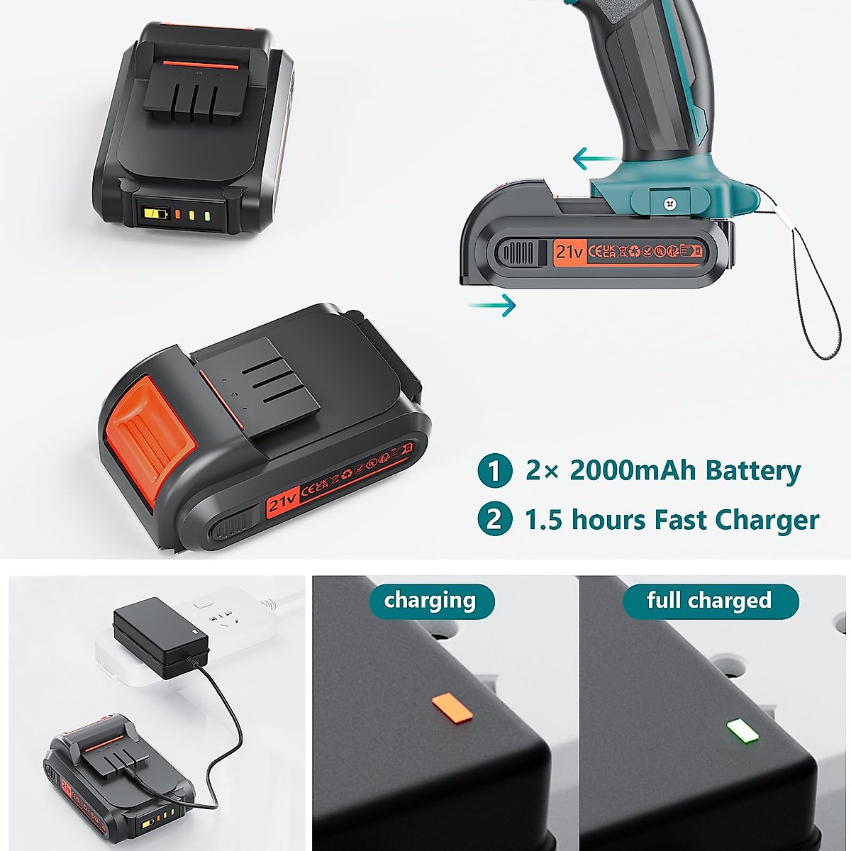 Cordless Power Drill Set with Battery and Charger,21V Cordless Drill Set, 25+3 Torque,2 Variable Speeds Electric Drill Set with 3/8'' Keyless Chuck,LED lights,2 Batteries