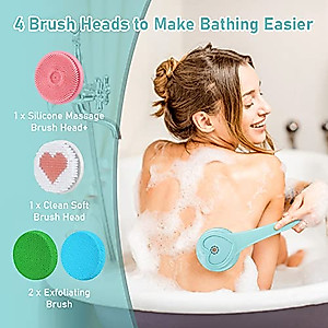 Electric Body Bath Brush Rechargeable Back Brush Long Handle for Shower Brush Silicone Body Scrubber with 5 Rotating Brush Heads for Women Men Body Cleaning Exfoliating Massage (Blue)