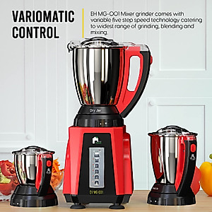 EconoHome Mixer Grinder - Electric Mixer Grinder for Asian Cooking, Food Prep - Includes Liquidizing Jar, Dry & Wet Grinder Jar, Chutney Jar, Lids & Spatula - 750W Motor, Stainless Steel 304 Blades