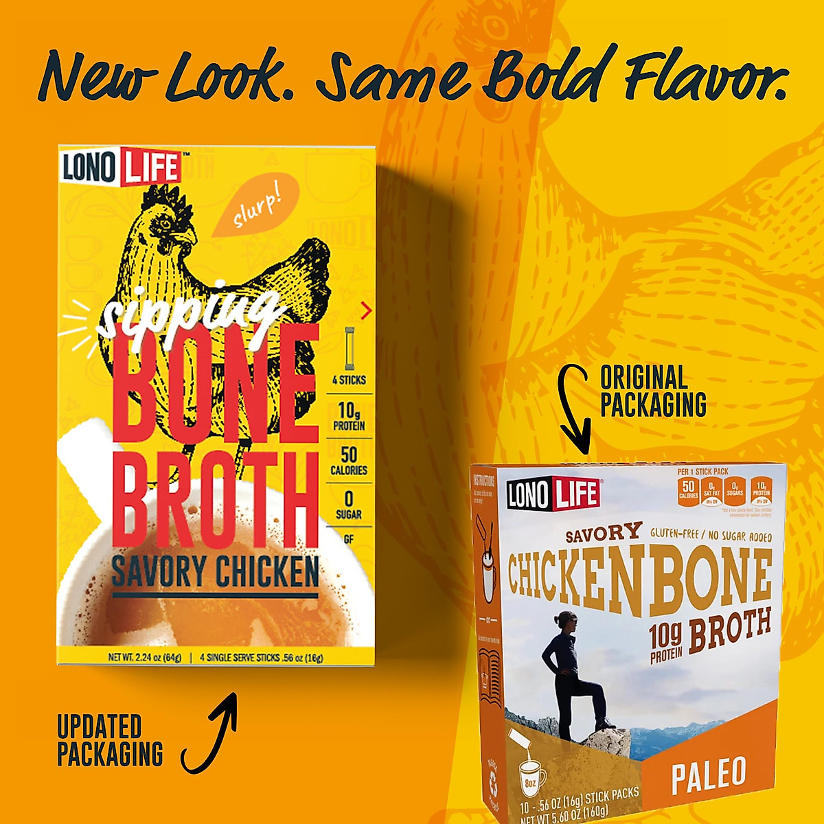 LonoLife Chicken Bone Broth Sticks: 10g Protein, Keto-Friendly, 10 Portable Servings