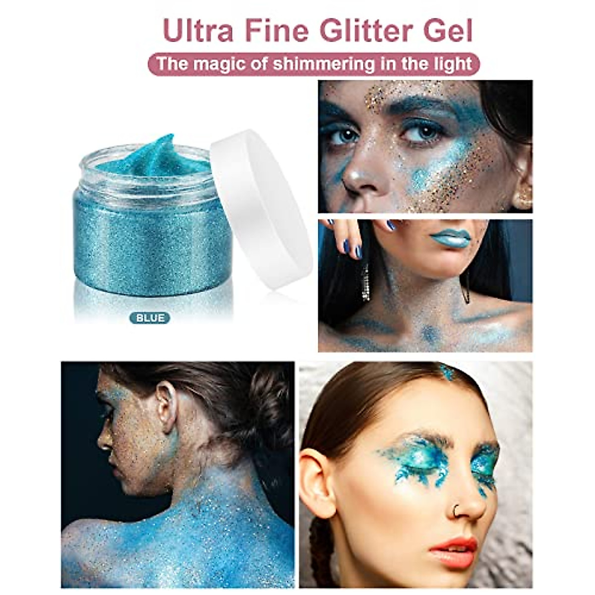 Creamify Face Body Glitter Gel - 3 Colors Pink and Silver Chunky Glitter Gel & Blue Fine Glitter Gel with Gems Sticker, Rave Accessories Hair Glitter Body Shimmer, Less Gel & Quick Dry, 65g