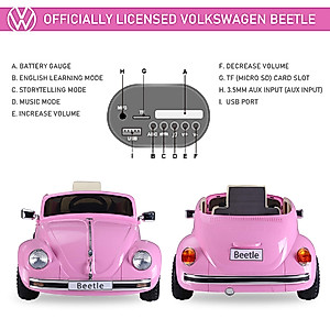 Aosom Licensed Volkswagen Beetle Electric Kids Ride-On Car 6V Battery Powered Toy with Remote Control Music Horn Lights MP3 for 3-6 Years Old Pink