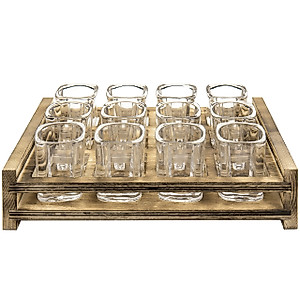 MyGift Shot Glass Serving Set Includes 12 Square Shot Glasses and Burnt Brown Wood Slotted Server Tray
