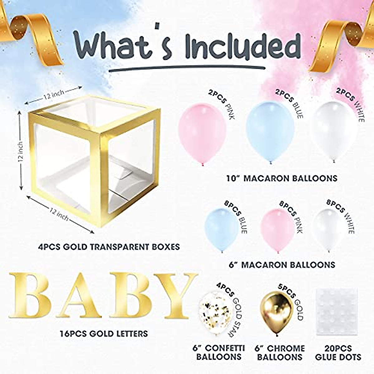 Gold Baby Boxes Gender Reveal Decorations | 79 Pcs | Set of 4 Letter Boxes, Balloons and Baby Letters | Baby Shower Decorations | Gender Reveal Box | Baby Shower Boxes | Its a Boy, Baby Box