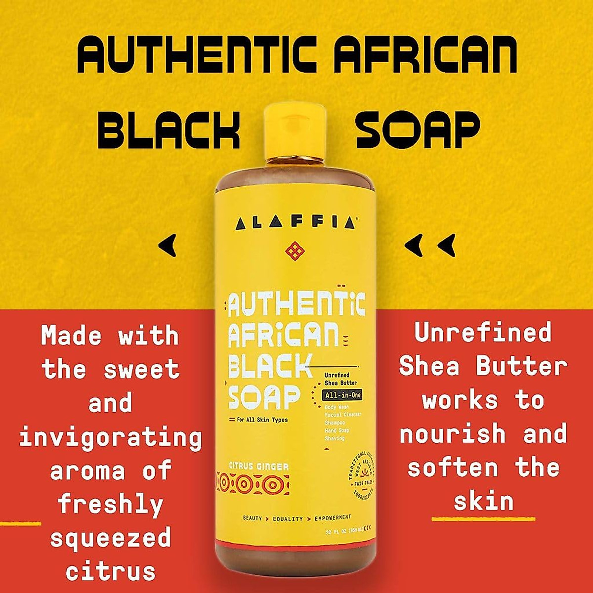 Alaffia Authentic African Black Soap Variety 2-Pack – All-In-One Liquid Soap, Travel-Size Eucalyptus Tea Tree + Full-Size Citrus Ginger Body Wash, Face Wash, Shampoo, Shaving Soap