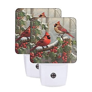 Christmas Red Birds Night Light Set of 2, Winter Snow Auto Sensor LED Dusk-to-Dawn Nightlights, Plug-in Sensor Lamp for Bedroom Bathroom Kitchen Hallway Stairs Decorative