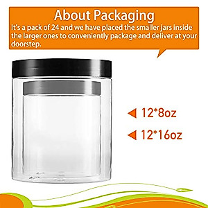 Vivimee 24 Pack Plastic Jars with Lids 16 oz (12 Pack) & 8 oz (12 Pack), Clear Plastic Mason Jars, Leakproof Slime Containers for Peanut, Spice, Cookie, Candy and Dry Food, Empty Jars for Storage