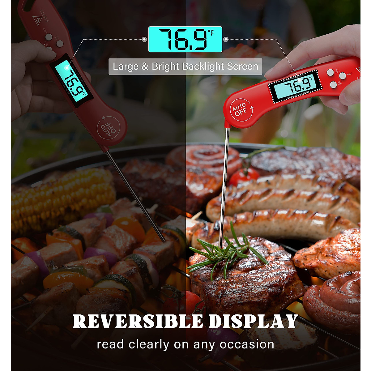 DOQAUS Digital Meat Thermometer, Instant Read Food Thermometer for Cooking, Kitchen Thermometer Probe with Backlit & Reversible Display, Cooking Thermometer Temperature for Turkey Grill BBQ Candy