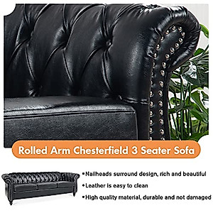 Wlvos 84" Leather Chesterfield Sofas for Living Room, Rolled Arm 3-Seater Large Couch Deep Button Nailhead Tufted Upholstered Couches for Bedroom, Office Apartment Easy to Assemble (Black)