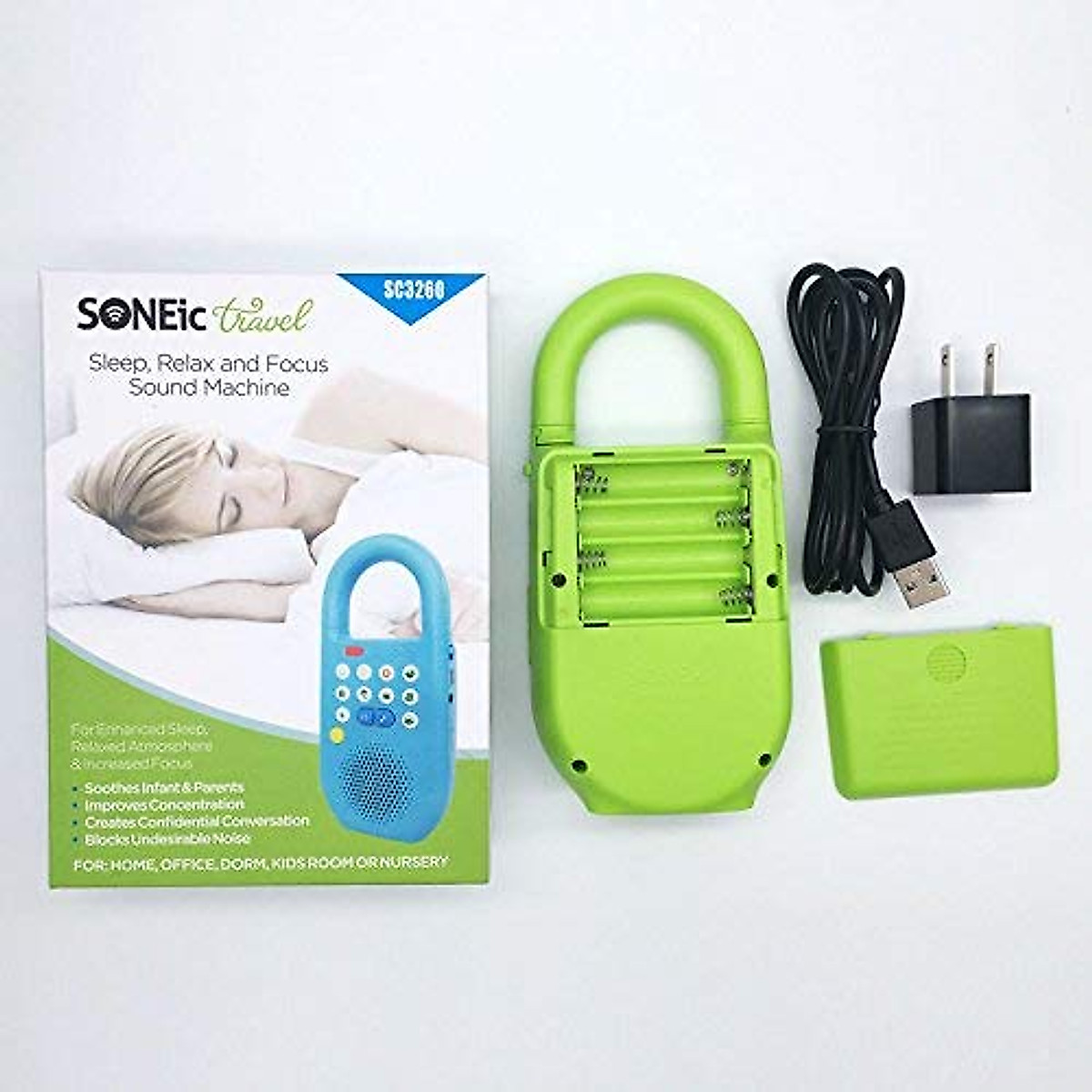SONEic - Travel Sleep, Relax and Focus Sound Machine. 10 Soothing White Noise and Natural Sound Tracks and 7 Baby Lullaby Tracks, with Timer Option - Green