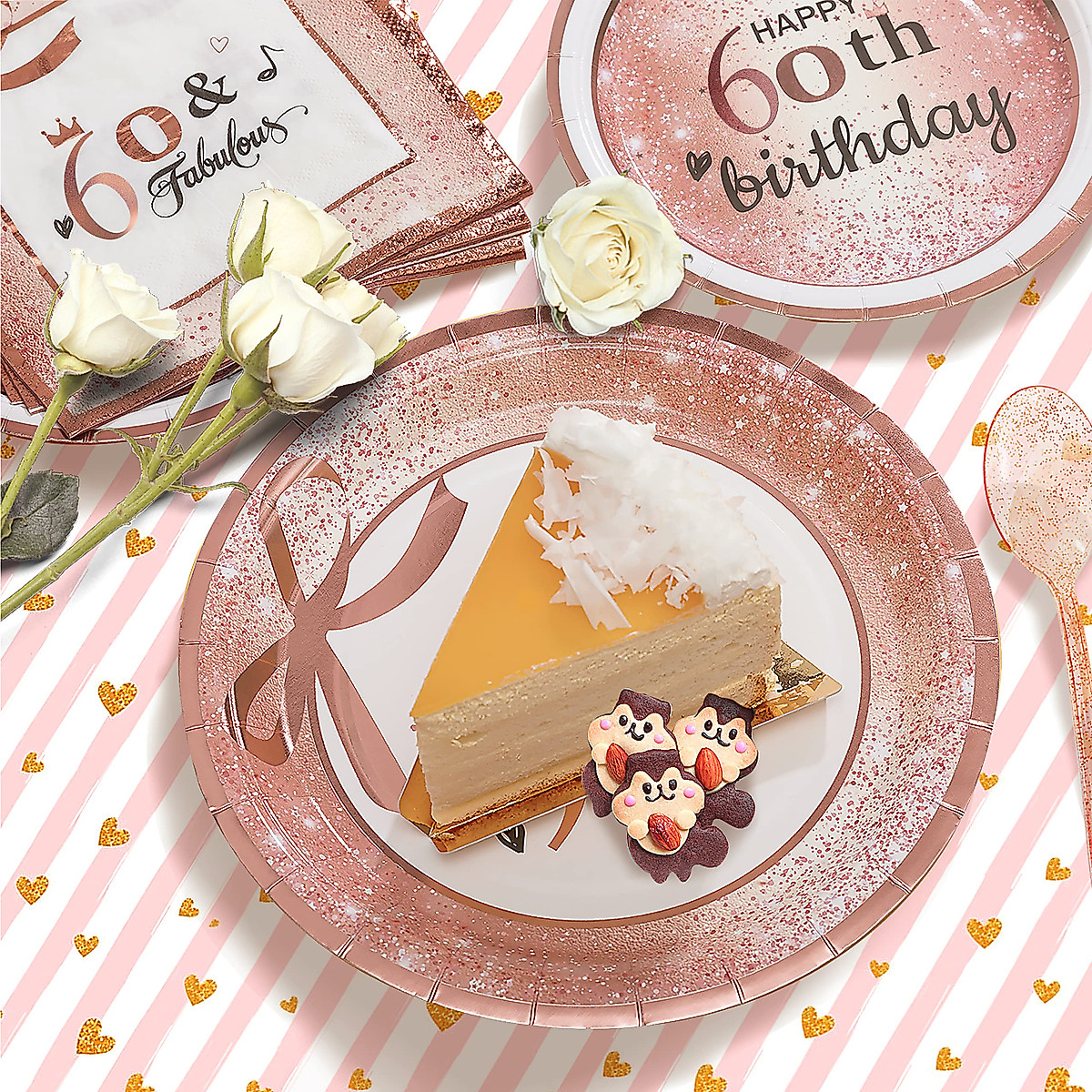 HOMIX 60 and Fabulous Party Plates Napkins Cups Sets Rose Gold with Plastic Cutlery Sets Serves 24 for Women 60th Birthday Party Supplies and Decorations