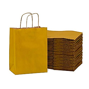 Yellow Gift Bags - 8x4x10 Inch 50 Pack Mustard Kraft Paper Shopping Bags with Handles, Small Craft Totes in Bulk for Boutiques, Small Business, Retail Stores, Birthday Parties, Merchandise, Bulk