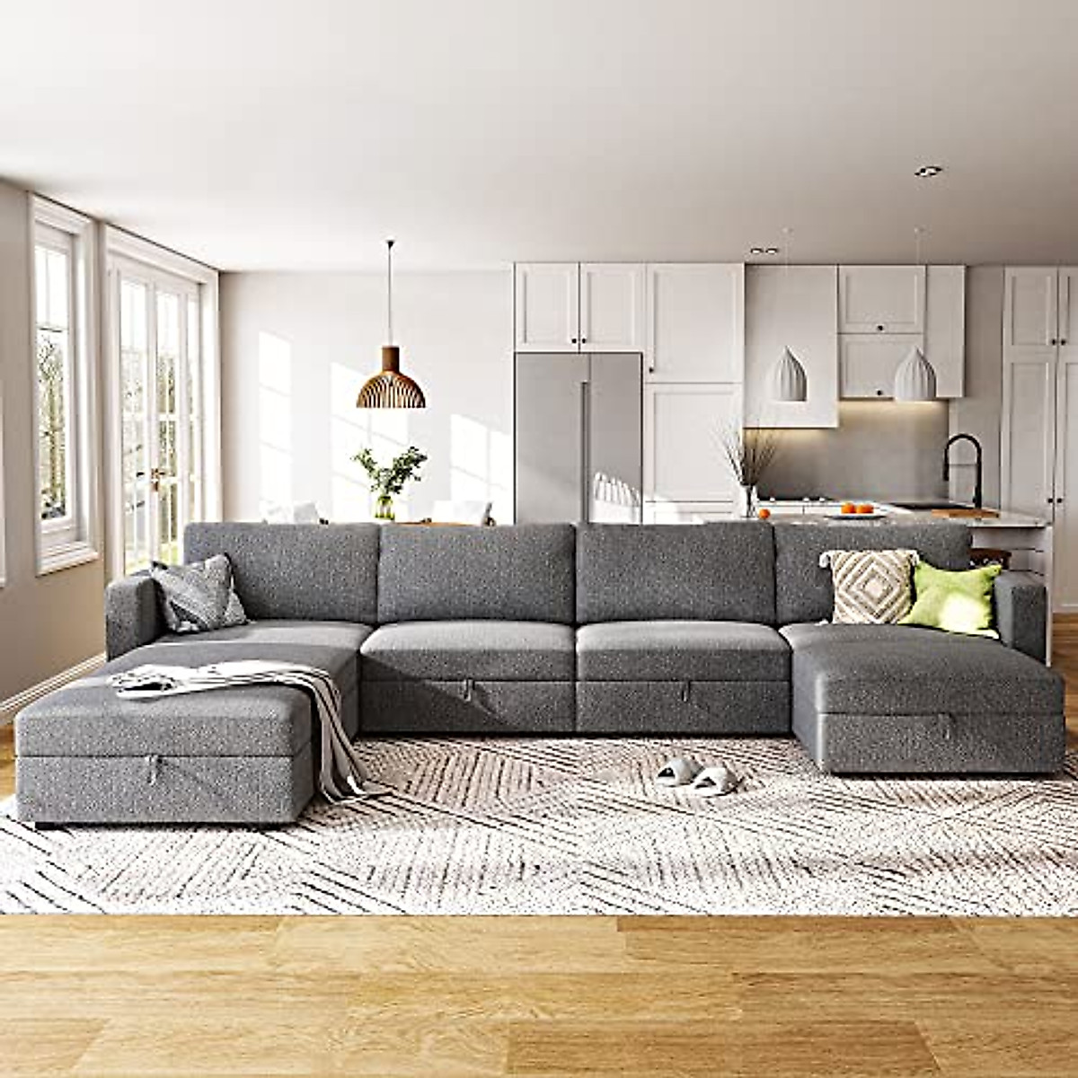 HONBAY 149'' Modular Sectional Sofa U Shaped Modular Couch with Storage Seats 7 Pieces Modular Sofa Deep Seat Modular Sectional Couch with Wide Chaise, Light Grey
