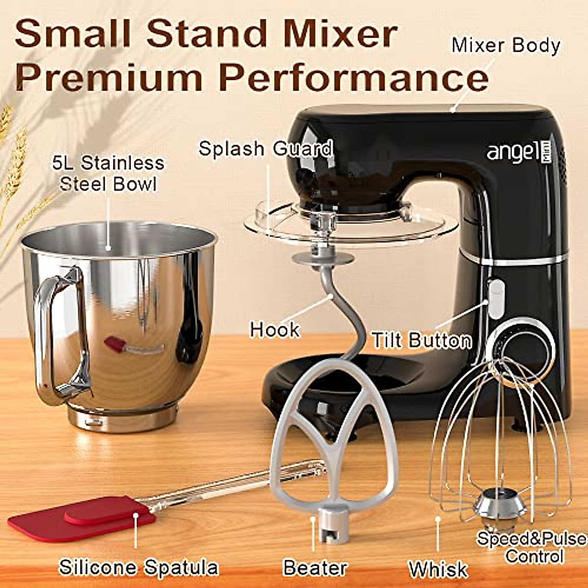 Mini Angel Electric Stand Mixer, 5.5 Quarts, Dough Hook, Flat Beater, Wire Whisk Attachments, 10+P Speeds with Splash Guard, Black with DIY STICKERS