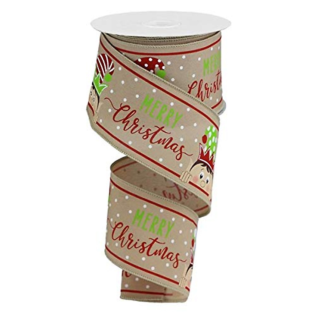 Peeking Elf on Satin Wired Edge Ribbon - 10 Yards (Natural, 2.5 Inch)