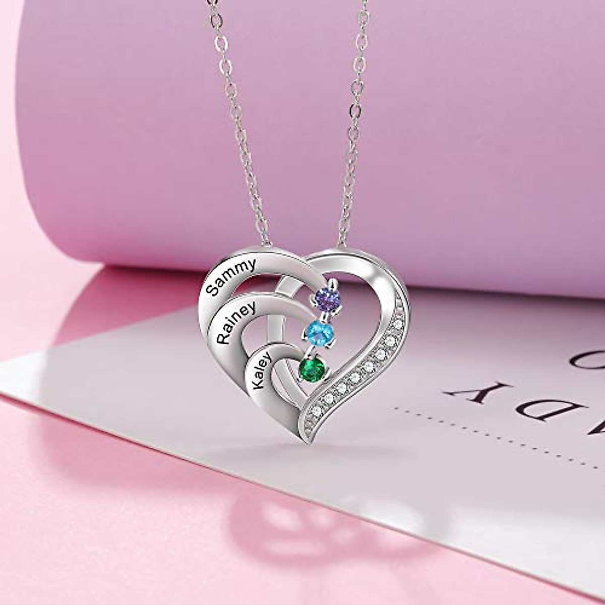 Personalized Engraved Mothers Necklace with 3 birthstones Family Jewelry Sterling Silver Custom Name Necklace Gift for her Sister Grandma Wife (Sterling-Silver)