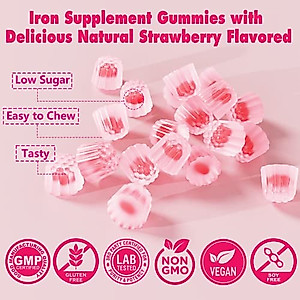 Iron Gummies Supplement - Vegan Iron Bisglycinate Filled Gummies with Vitamin C, Folate - Blood Builder, Energy Support for Iron Deficiency - Iron Gummies for Women, No After Taste, Strawberry Flavor