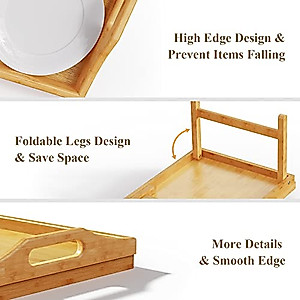Easoger 2 Pack Bed Trays for Eating, Breakfast Tray with Handles, Bamboo Bed Tray Table with Folding Legs, Food Trays Fits for Adult Kids Eating Snack and Laptops TV