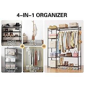 Wardrobe Closet,Portable Clothes Rack with 4 Tiers Shelves,Freestanding Closet Organizers and Storage System with Hanging Rods,Steel Clothing Rack Suitable for Cloakrooms,Bedrooms,Entrances,etc.Black