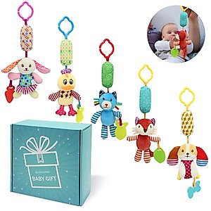 Baby Car Seat Toys, Infant Soft Plush Rattle, Cute Animal Doll,Early Development Hanging Stroller Toys for Newborn Boys Girls Gifts (5 PCS)