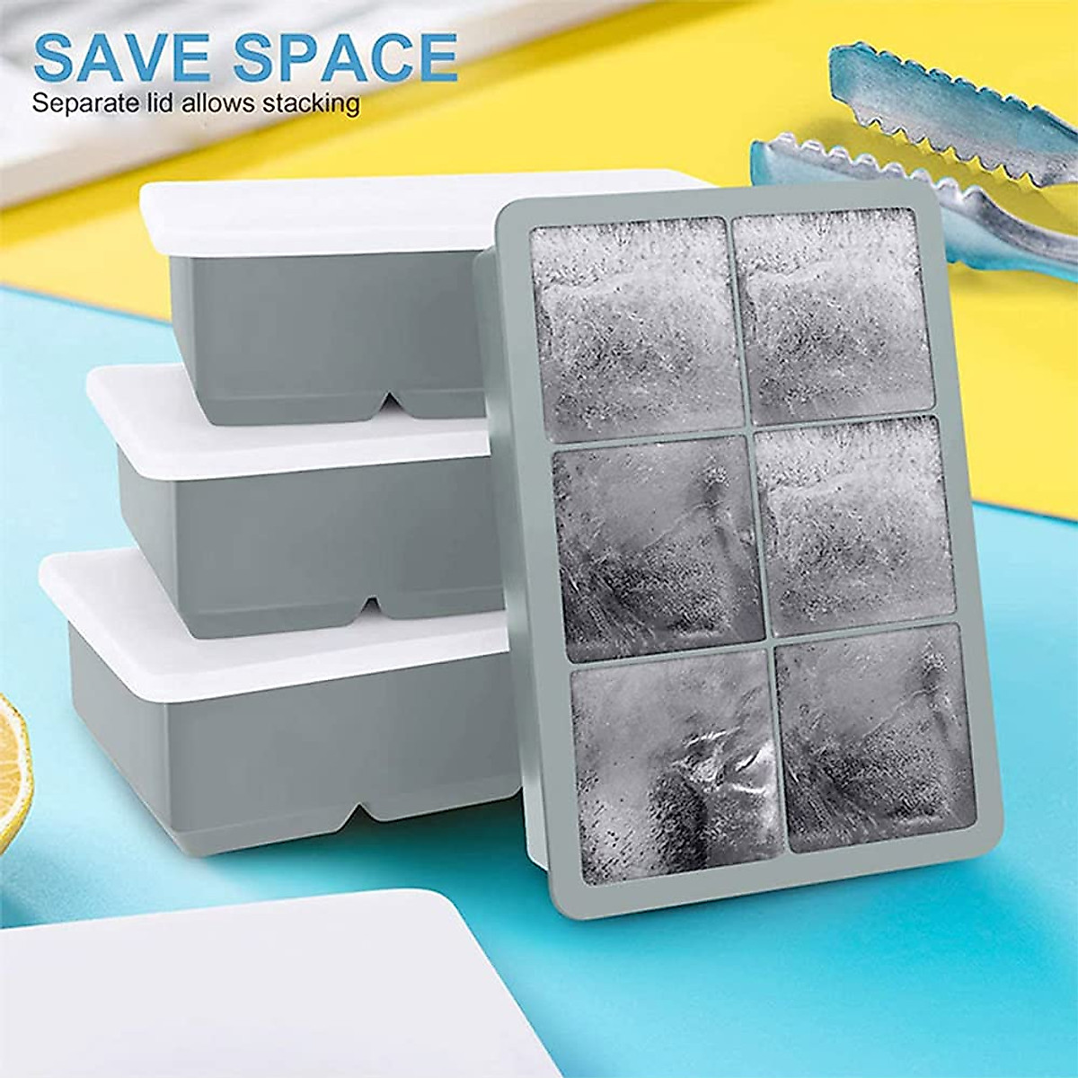 Ice Cube Tray With Lids Large Size Silicone Flexible 6 Cavity Ice Maker for Whiskey and Cocktails or Homemade, Keep Drinks Chilled Reusable and BPA Free 2 Pack