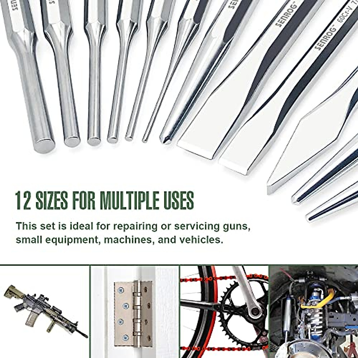 SENROG 12 Pieces Punch and Chisel Set, Alloy Steel 60Cr-v Made Punch Set, Mirror Surface and Chroming Gunsmith Punch Set, Including Flat Chisels, Taper Punch, Pin Punch Set, Center Punch, Cape Punch
