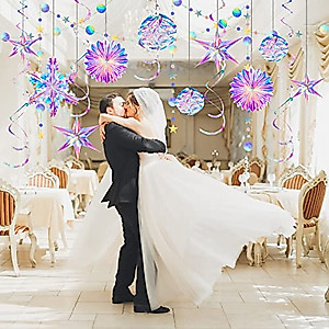 37 Pieces Home Iridescent Holographic Iridescent Party Supplies Kit Christmas Snowflake Hanging Honeycomb Ball Decorative Christmas Party Paper Fan Snowflake Garlands Star Hanging Swirl for Disco