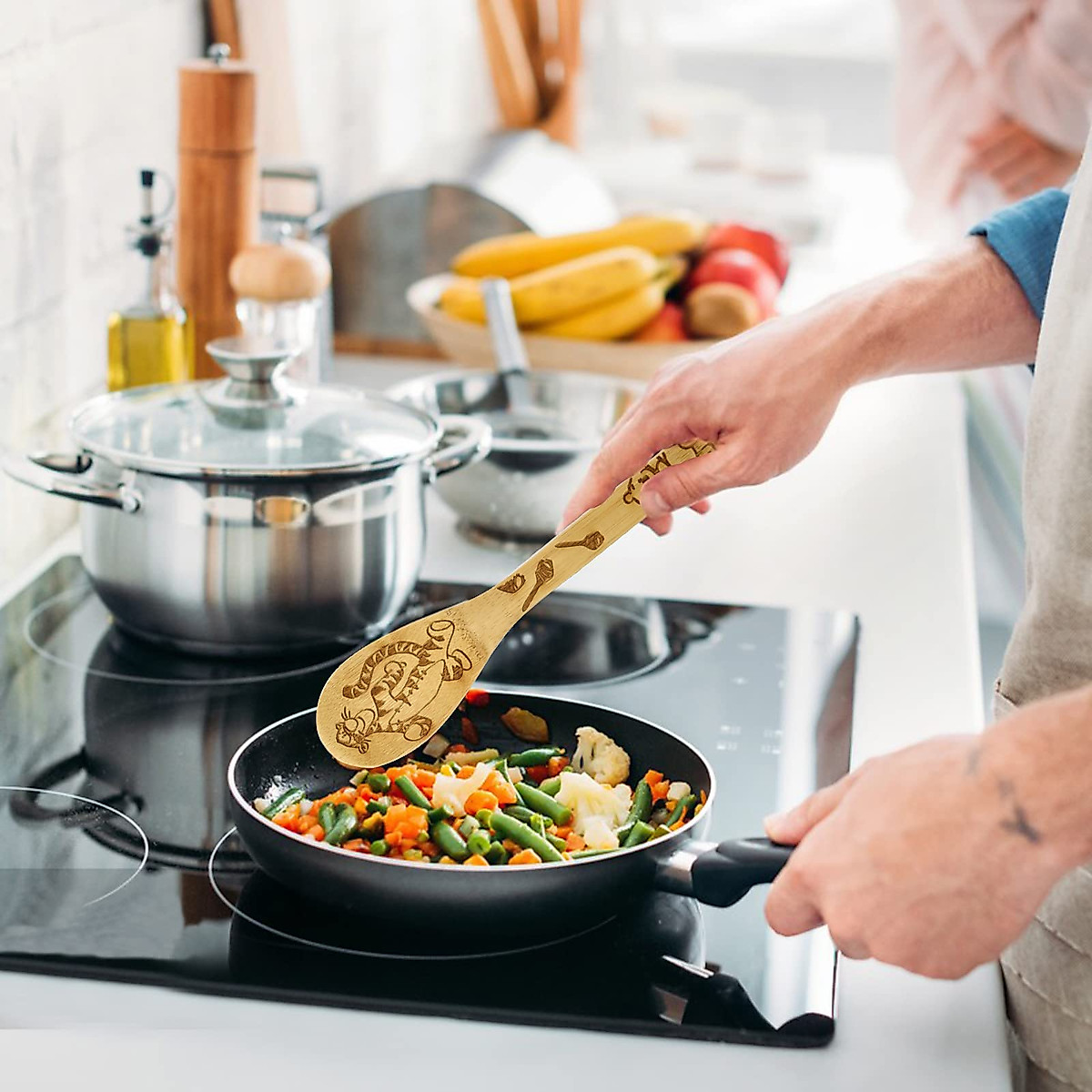 Mothers Day Gifts for Mom Christmas Gift Women Birthday Gift Cute Bear Wooden Cooking Spoons Set Bamboo Kitchen Cooking Utensils Set with Apron Oven Mitt Potholder Set