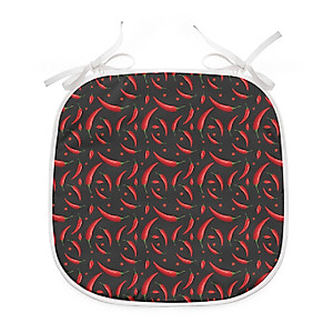 Lunarable Chili Pepper Dining Chair Pad, Repetitive Jamaican Thai Cayenne Food Hot Spice in Cartoon Drawing, Decorative and Water Resistant Pillow with Ties for Kitchen Seats, Dark Grey Vermilion