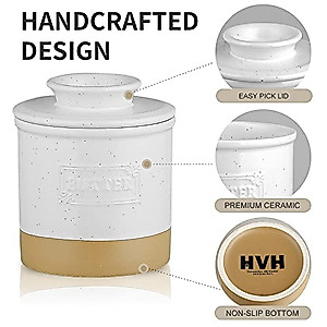 HVH Ceramic Butter Crock, French Butter Dish with Lid for Countertop, Butter Keeper for Counter, Butter Crock with Water, Butter Holder for Soft Butter, Farmhouse Style (White)