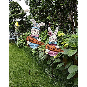 32.25" H Easter Decoration Outdoor Metal Bunny Decorative Garden Stakes for Easter Decor, Rabbit with Carrot Welcome Yard Signs for Spring Outside Garden Lawn Backyard Decoration